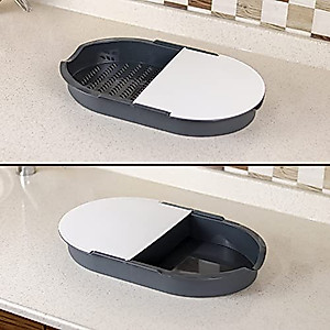 DecoBella 2-Chamber Cutting Board, Chopping Board with Food Container and Optional Strainer, Multi-Purpose Cutting Board, Countertop Easy Food Washer Strainer, Sink Cutting Board (WHITE/GRAY)