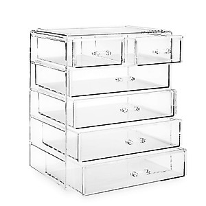 Casafield Acrylic Cosmetic Makeup Organizer & Jewelry Storage Display Case - 4 Large, 2 Small Drawer Set - Clear