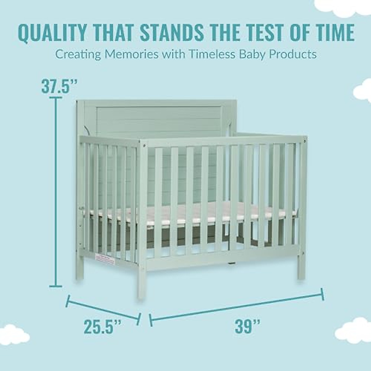 Dream On Me Bellport 4 in 1 Convertible Mini/Portable Crib in Light Seafoam Green, Non-Toxic Finish, Made of Sustainable New Zealand Pinewood, with 3 Mattress Height Settings