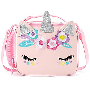 mibasies Unicorn Lunch Bag Kids Insulated Lunch Box for Girls with Water Bottle Holder and Shoulder Strap (Leather Pink)