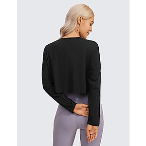 CRZ YOGA Pima Cotton Long Sleeve Shirts for Women Loose Workout Crop Tops Athletic Gym Cropped Basic T-Shirts Black Small