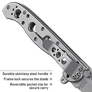 CRKT M16-03SS EDC Folding Pocket Knife: Sandvik Frame Lock, 4-Position Pocket Clip Bead Blast Blade, Stainless Steel Handle
