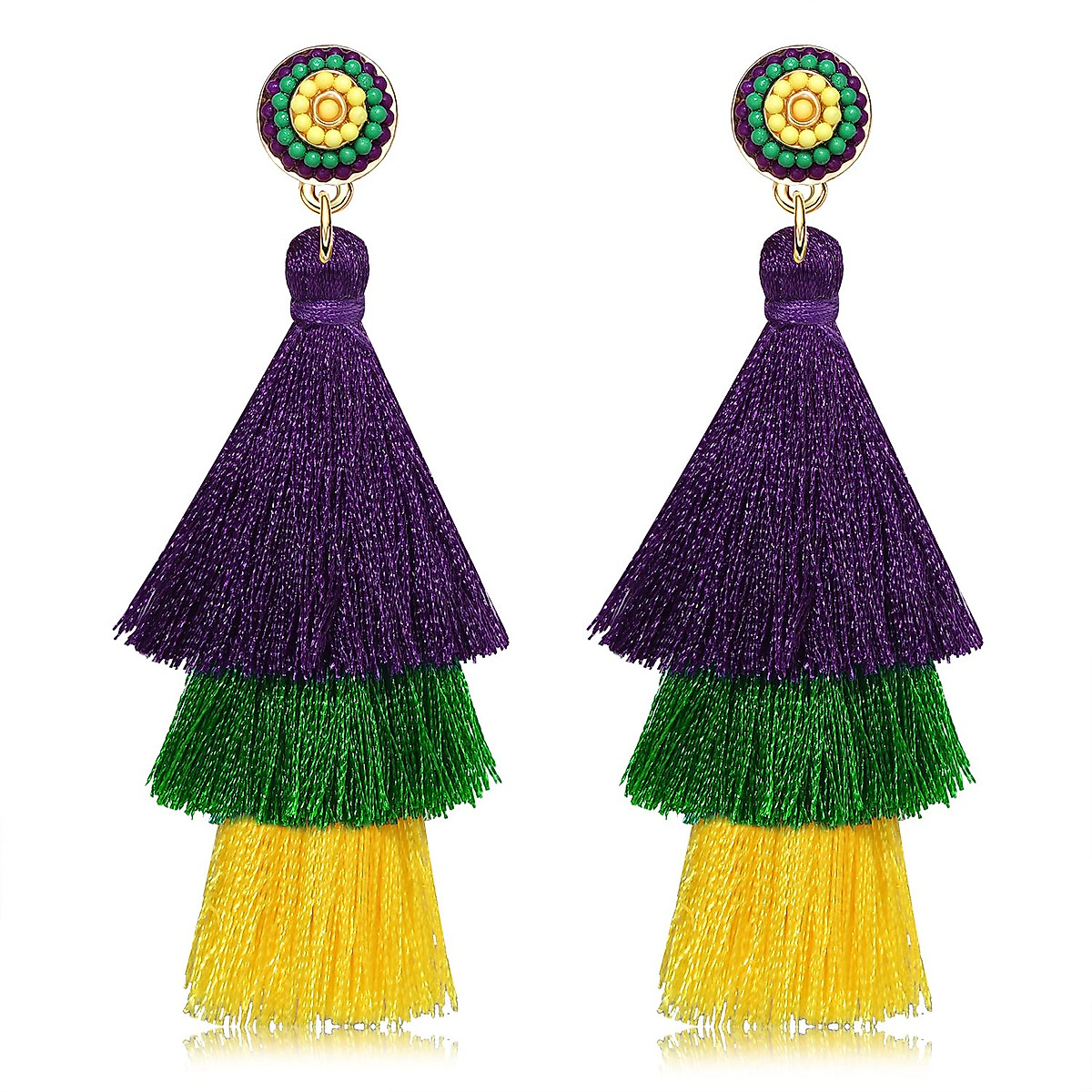 VOGUEKNOCK Mardi Gras Earrings Beaded Ear Stud Tiered Tassel Drop Earrings Mardi Gras Costume Party Jewelry Accessories (Mardi Gras)