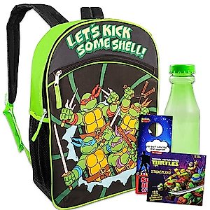 Teenage Mutant Ninja Turtles Backpack Set - Bundle with 16” TMNT Backpack for Boys, Water Pouch, Stickers, More | TMNT Backpack for School