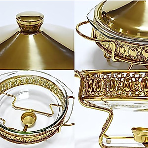 Hotpot Buffet Warmer Round Glass Buffet Warmer Multifunctional Solid Fuel Boiler Suitable for Kitchen Catering Wedding Party Events (Gold)