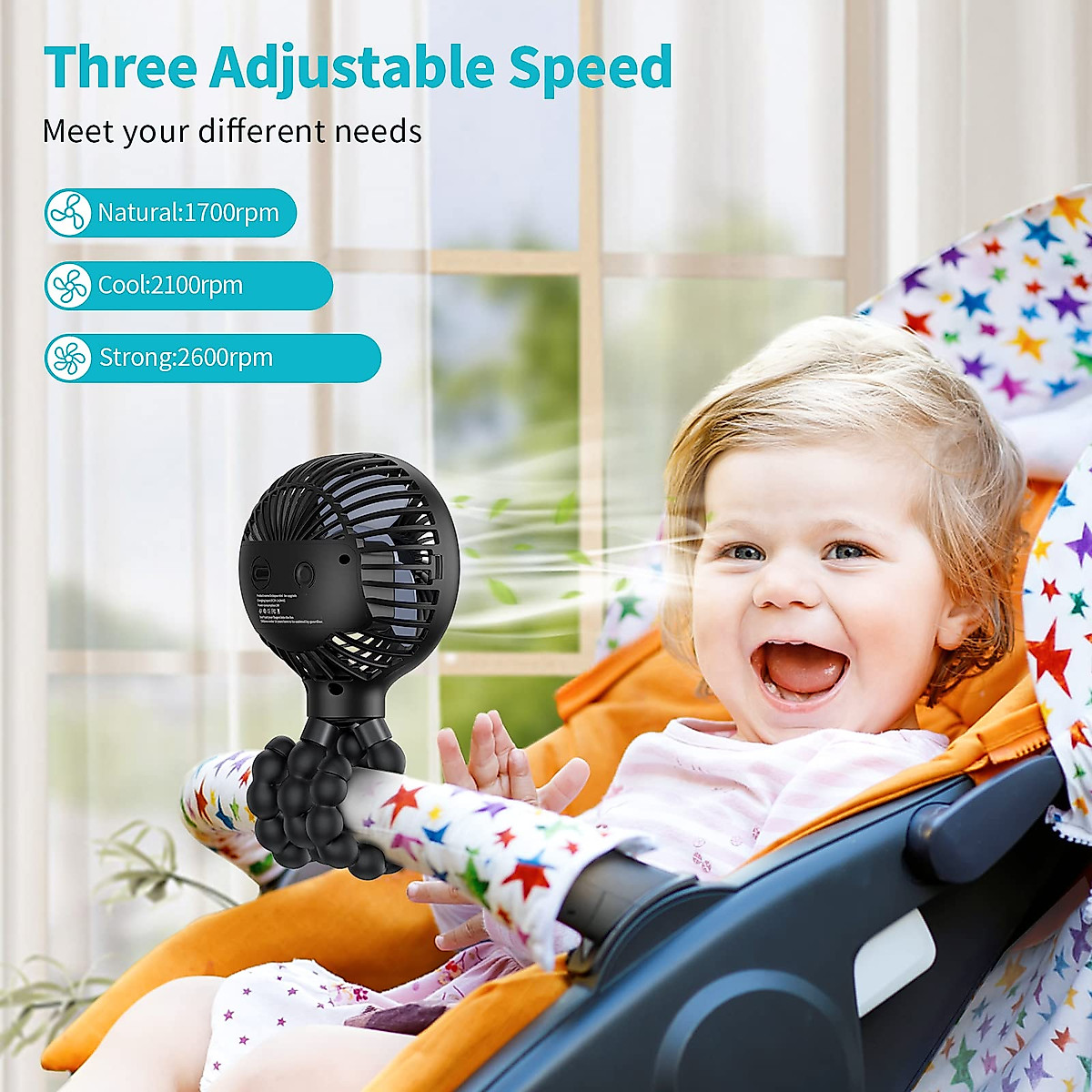 SMARTDEVIL Stroller Fan, 3000mAh Portable Clip on Stroller Fan for Baby, 3 Speed Battery Operated Personal Desk Fan with Flexible Tripod, Mini Handheld Fan for Car Seat, Treadmill, Camping (Black)
