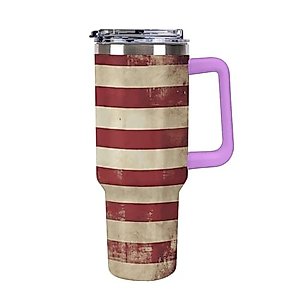 LLUTSNTH 40 Oz Vacuum Tumbler with Violet Handle Leakproof Insulated Tumbler Vintage American USA Flag Stainless Steel Travel Mug with Lid And Straw Coffee Cup Cute Water Bottles Cup Holder Friendly