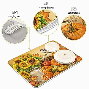 Fall Sunflowers Pumpkin Bird Dish Drying Mat, Drying Mat For Kitchen Counter, Absorbent Polyester Material, Heat-resistant Drying Mat 16 In x 18 In