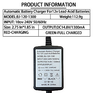 12V Sealed Lead Acid Battery Charger, 1300mA SLA Charger Adapter, Short Circuit Protection and LED Indicator Light, Automotive Accessories for Car, SUV, Tractor, Motorcycle