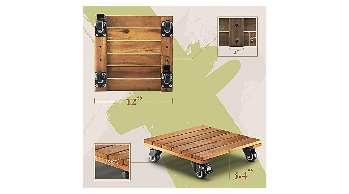 LITADA Acacia Wood Plant Caddy - Heavy Duty 12-Inch Square Dolly