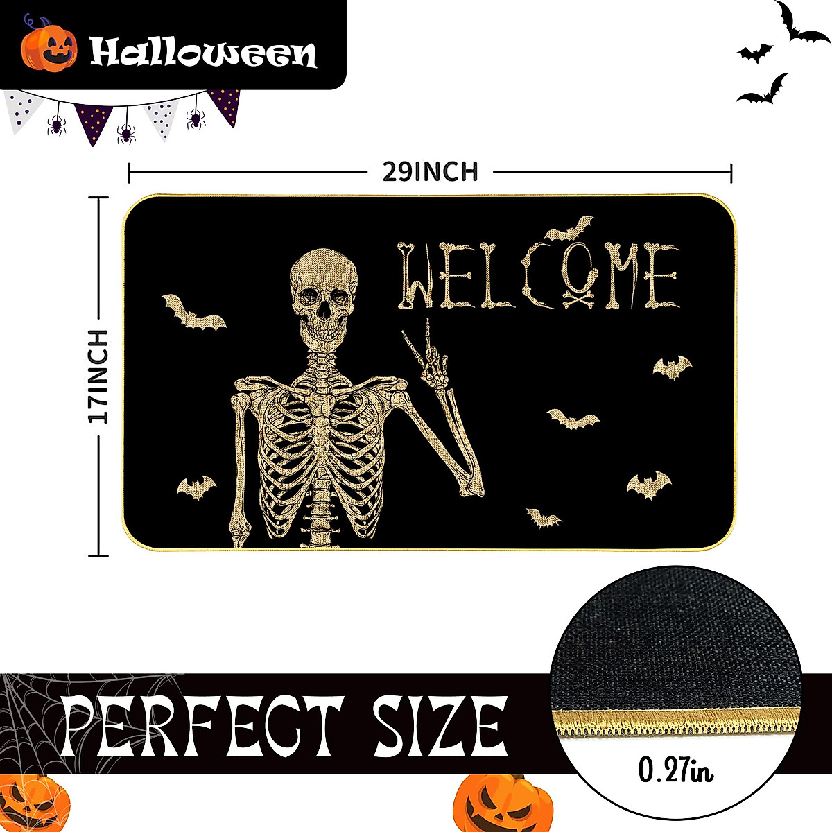 ARTUFAN Halloween Skull Doormat - Funny and Spooky Welcome Mat, Low-Profile Non-Slip Entr Door mat Living Room Kitchen Floor Mat Home Halloween Indoor Outdoor Decoration - 17" x 29"