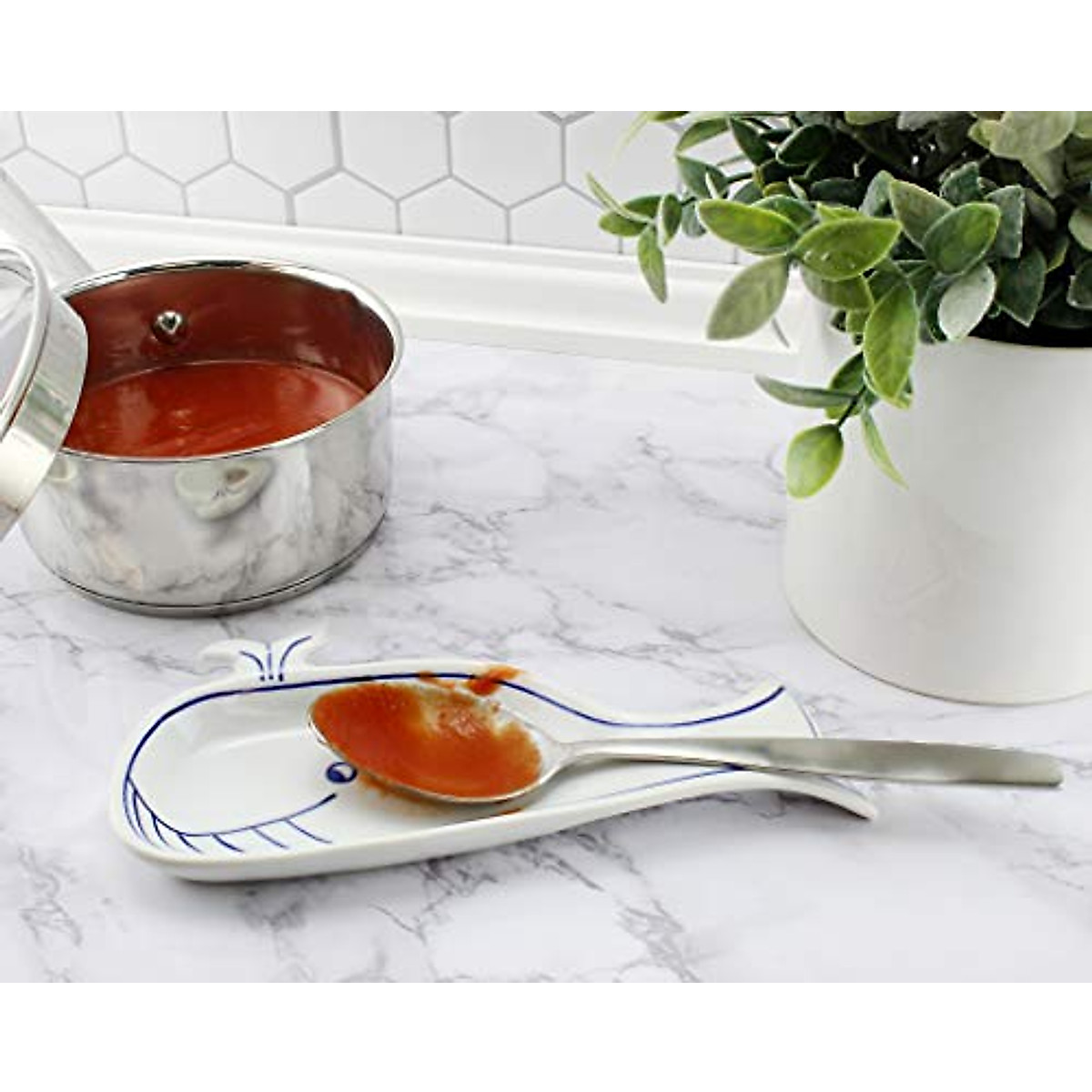 Cornucopia Whale Spoon Rest; Blue and White Ceramic Novelty Spoon Holder for Kitchen Stove