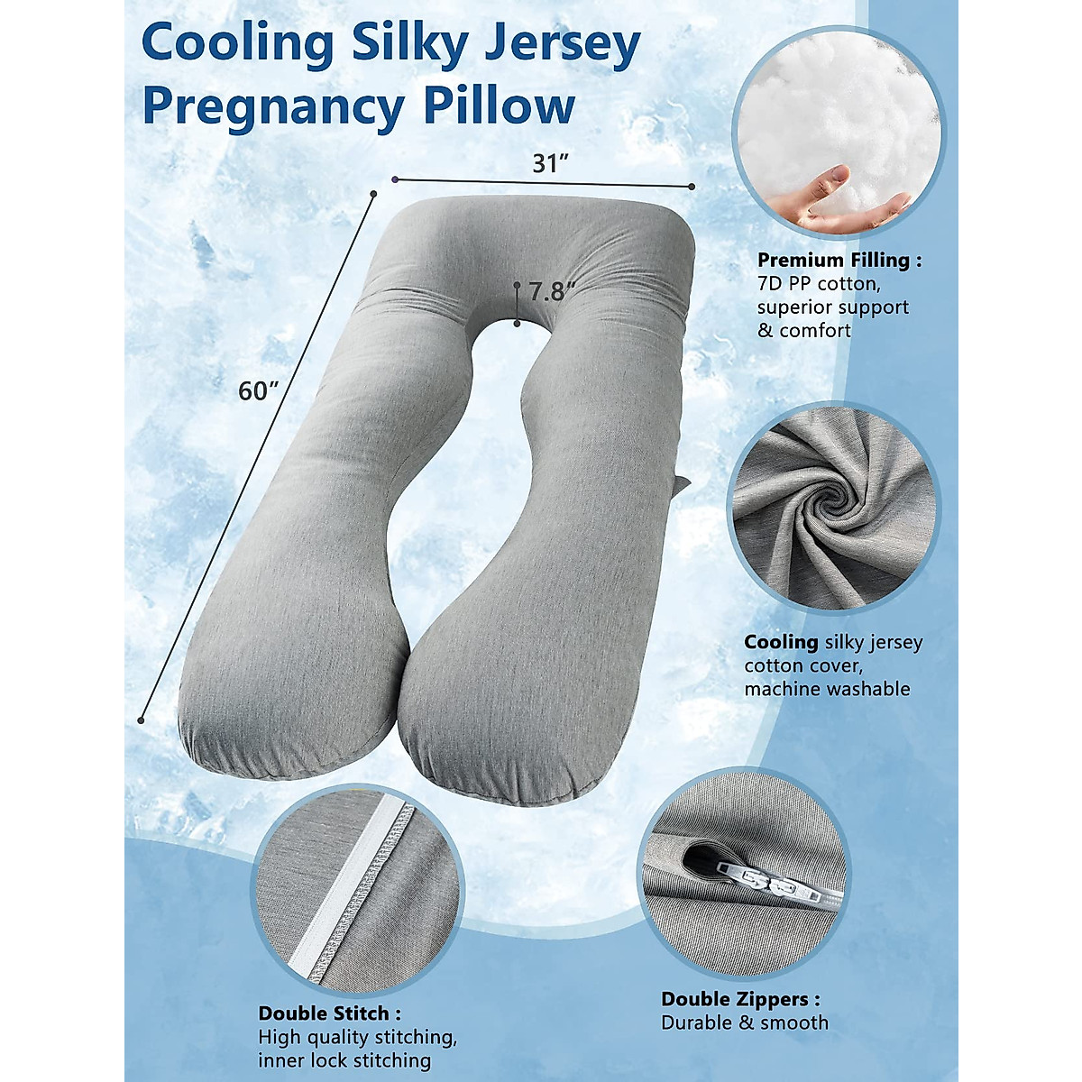 Meiz Pregnancy Pillows, Cooling Silky Pregnancy Pillows for Sleeping, 60" Full Body Maternity Pillow for Tall Pregnant Woman with Cooling Silk Jersey Cover, Grey