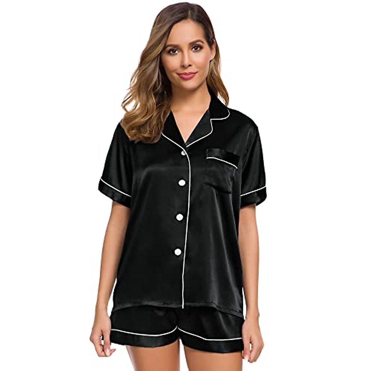 SWOMOG Womens Silk Satin Pajamas Set Two-piece Pj Sets Sleepwear Loungewear Button-Down Pj Sets Black