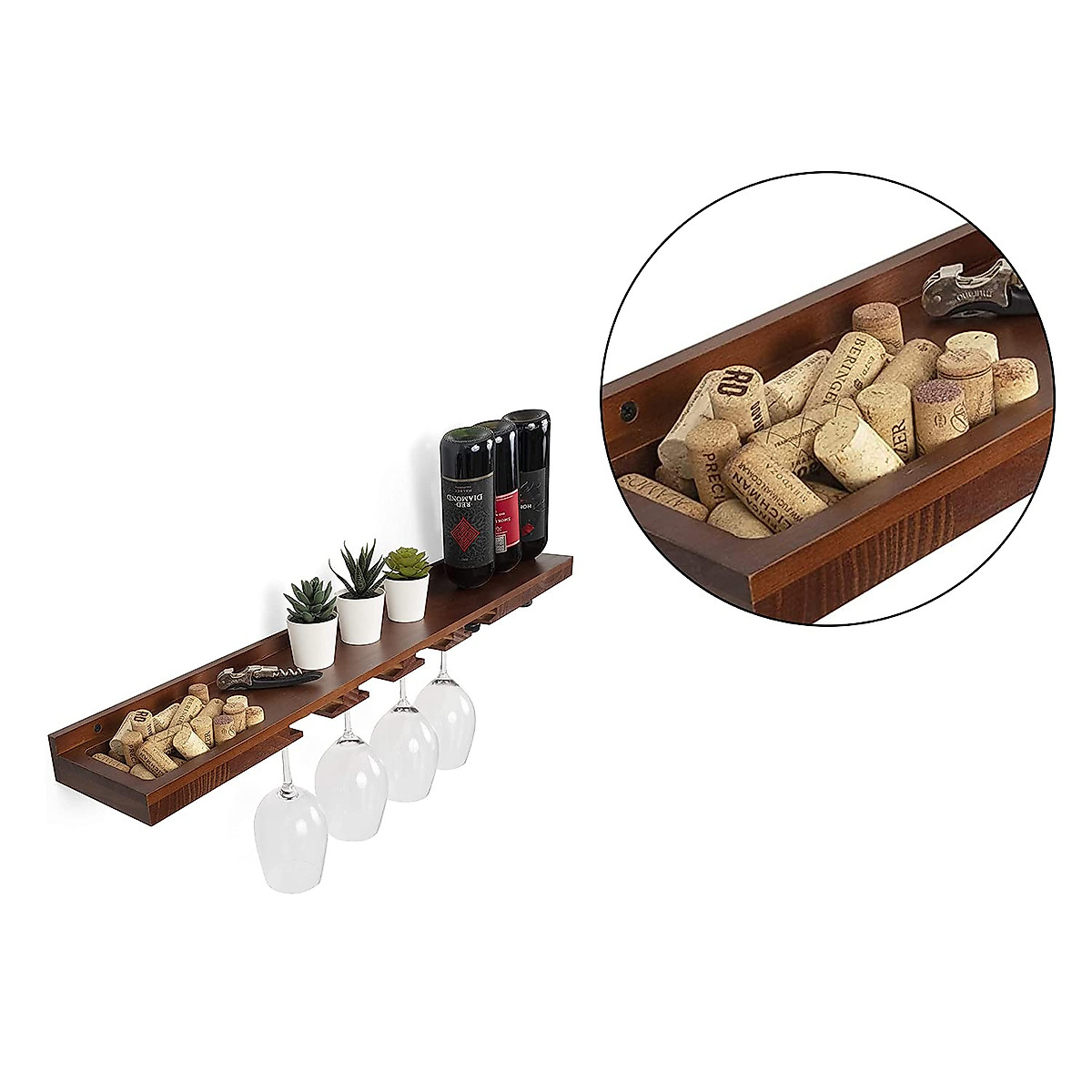 Rustic State Molise Wall Mount Wood Floating Wine Rack Stemware Holder Glassware Shelf Cork Storage Organizer for 3 Bottles and 4 Glasses - Home, Kitchen, Dining Room Bar Décor - Walnut