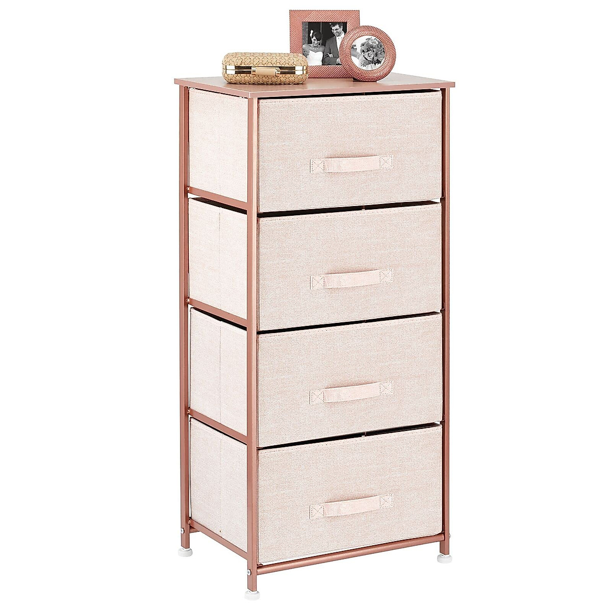 mDesign Tall Dresser Storage Tower Stand with 4 Removable Fabric Drawers - Steel Frame, Wood Top Organizer for Bedroom, Entryway, Closet - Lido Collection - Light Pink/Rose Gold