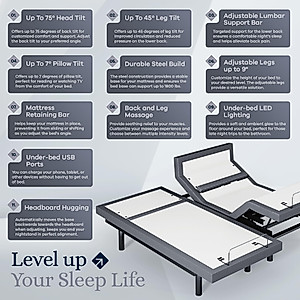 Sven & Son Platinum Adjustable Bed Base Frame Only, Head and Foot Lift, Lumbar Support, Head-Pillow-Tilt, Massage, Under-Bed Lights, USB - Split King