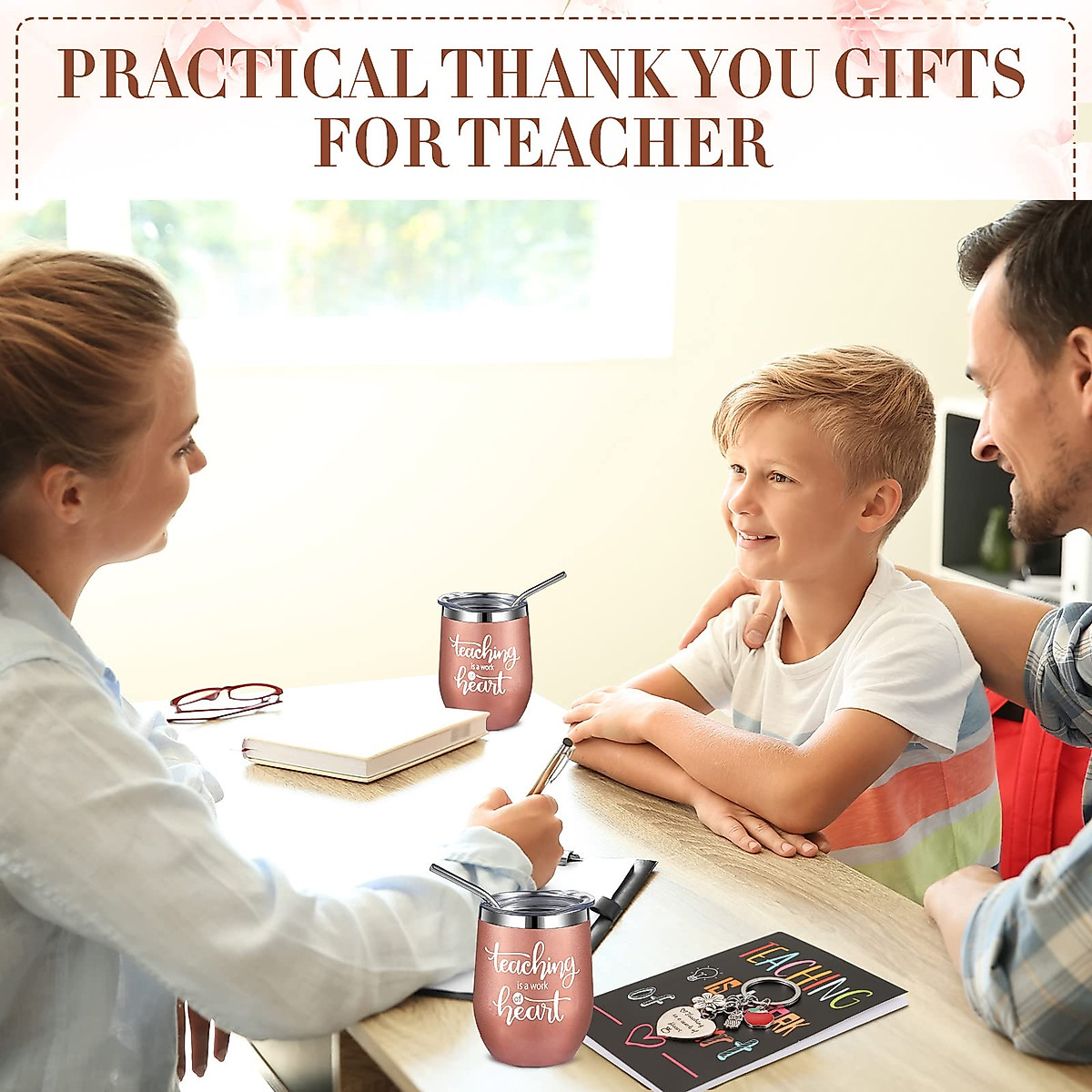 Didaey 48 Pcs Teacher Appreciation Gift Bulk Thank You Teacher Gift for Women 12 oz Wine Tumbler Coffee Mug with Straw Lid Mini Notepad Keychain for Teacher Appreciation Retirement Gifts(Rose Gold)