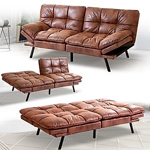 Maxspeed Sofa Bed, Convertible Memory Foam Sofa, Modern Loveseat Sleeper with Adjustable Armrests and Backrest, Faux Leather Futon for Living Room, Office, Small Space, Brown