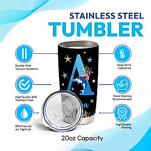 Hyturtle Personalized Gifts Shark Lover - Shark Printed Customized Name Stainless Steel Tumbler 20 oz With Lid - Idea Cute Sea Animal Lover Gifts For Women, Girl kids On Birthday, Christmas