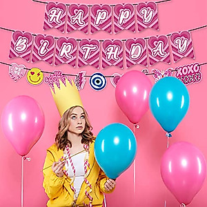 NOVBAUB Preppy Y2K Party Decorations Garland Banner 2 Style Aesthetic Hot Pink Leopard Smile Face Room Decor Party Decor Glitter Bunting Flag Home Decor Birthday Party Supplies for Kids Teens Girls Bachelorette Early 2000s Theme Party