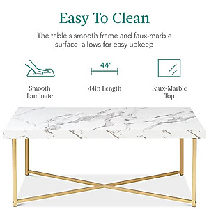 Best Choice Products 44in Rectangular Marble Coffee Table, X-Base Accent Table for Living Room, Dining Room, Home Décor w/Faux Marble Top - White/Bronze Gold