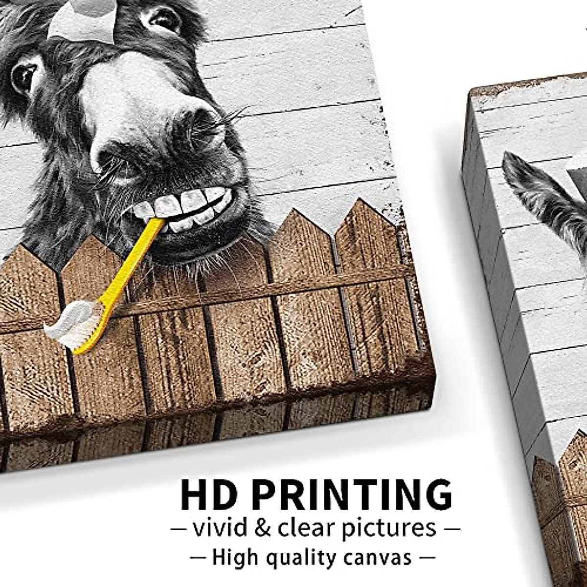 Farmhouse Bathroom Decor Wall Art Funny Donkey Bathroom Wall Art Donkey Bite Toothbrush Pictures for Wall Rustic Animal Canvas Print Framed Artwork for Washroom Bathroom Wall Decor 12x16 Inch