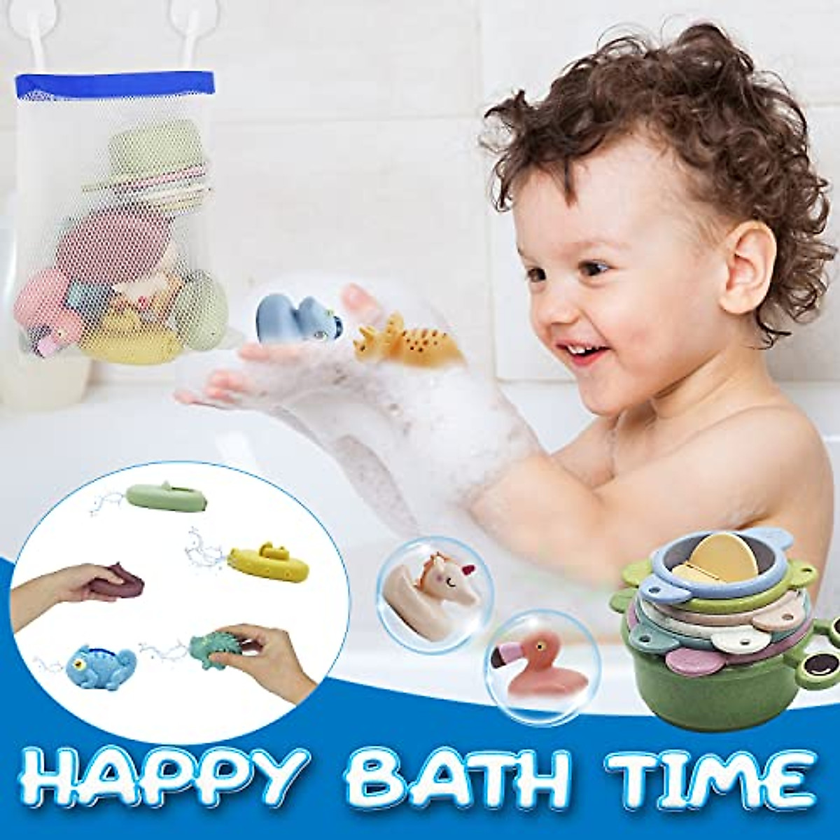 Baby Bath Toys for Toddlers 1-3, 16PCS Bath Squirt Toys with Hole, Silicone Bath Toys Contains 7 Stacking Cups and 3 Boats and 6 Animals, Best Shower Water Toys for Boys and Girls
