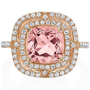 PEORA Simulated Morganite Ring for Women 925 Rose-Tone Sterling Silver Double Halo, 3 Carats Cushion Cut 8mm, Comfort Fit, Size 9