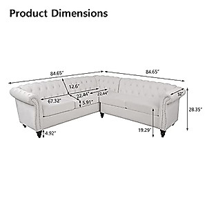 RARZOE Chesterfield L Shaped Sectional Sofa Couch, Deep Button Tufted Velvet Upholstered Rolled Arm Classic Chesterfield Settee Sofa, Modern 5 Seater Couch Furniture for Living Room, White
