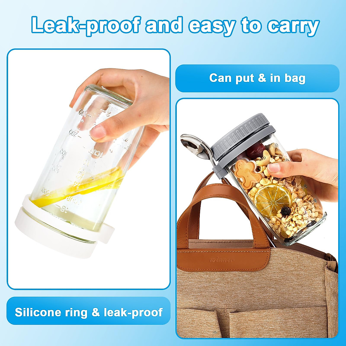 FRIUSATE 4 Pack Overnight Oats Containers with Lids and Spoons, 24 oz Glass Oatmeal Container with Measurement Marks, Large Capacity Airtight Mason Jars for Milk Cereal Fruit