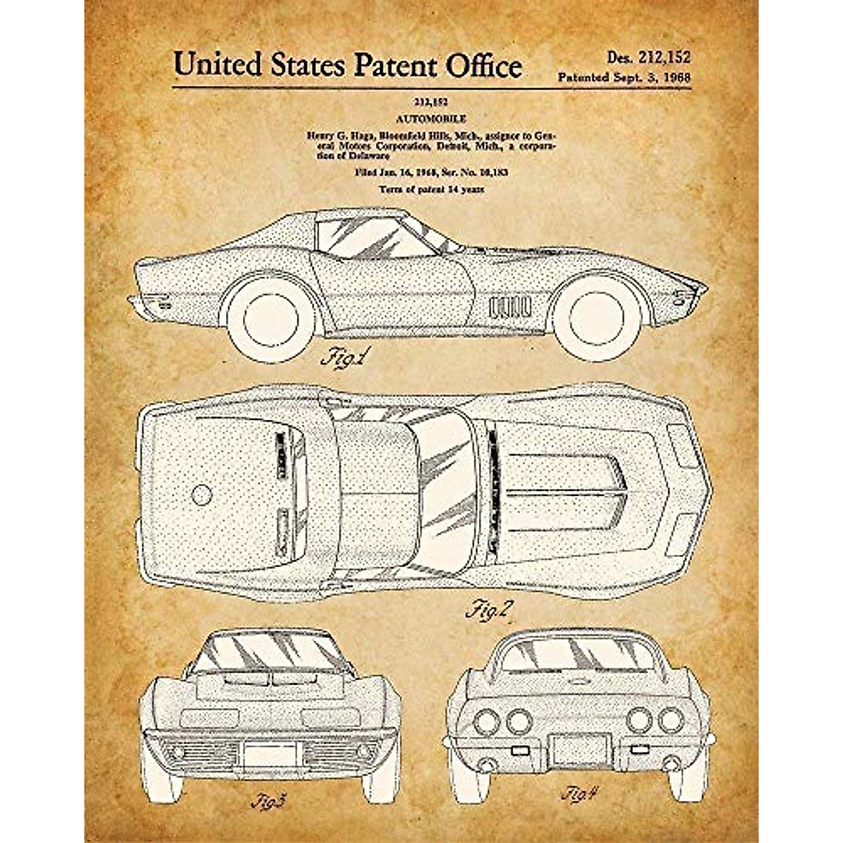 Original Corvette Patent Art Prints - Set of Four Photos (8x10) Unframed - Makes a Great Man Cave Decor and Gift Under $20 for Corvette Owners and Car Enthusiasts