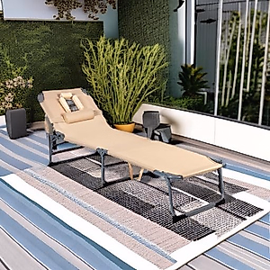 Goplus Tanning Chair, Folding Adjustable Patio Lounge Chair with Face Hole, Removable Pillow, 330LBS, Carry Strap, Outdoor Sunbathing Chair, Lightweight Portable Beach Lounge Chair (1, Beige)