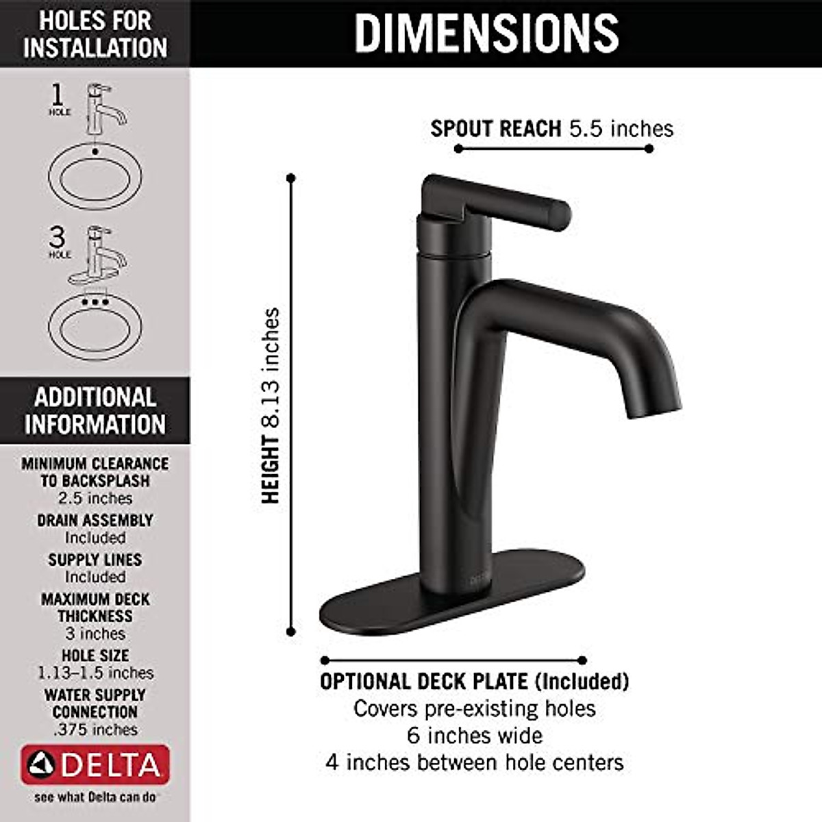 Delta Faucet Nicoli Matte Black Bathroom Faucet, Single Hole Bathroom Sink Faucet, Single Handle Bathroom Faucet, Pop-Up Drain Assembly, Matte Black 15849LF-BL