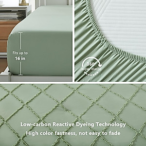 Gotroolhome Sage Green Queen Comforter Set - 7 Pieces ，Boho Tufted Shabby Chic Bedding Comforter Set, Bed in a Bag for All Seasons, with Comforter, Sheets, Pillowcases & Shams