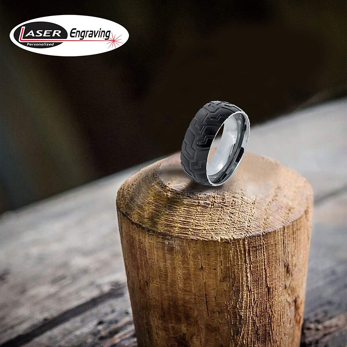 Free Personalized laser engraving Ring for Men and Ring for Women tungsten Band Rings 8mm Semi-domed Ring with Black IP Plated with Super Sleek Tire Tread Laser Carved Pattern Wedding Band Ring Ideal