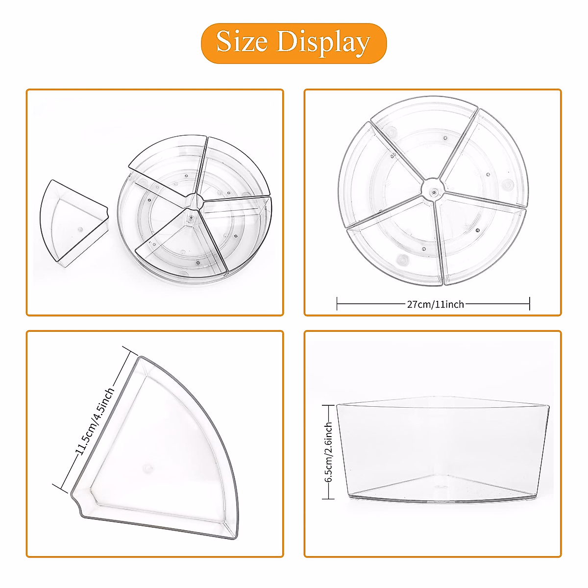 Roninkier Clear Lazy-Susan Organizer with 5-Removable-Bins - 11 Inch Round Plastic Rotating Storage Container for Cabinet, Pantry, Kitchen, Fridge, Vanity