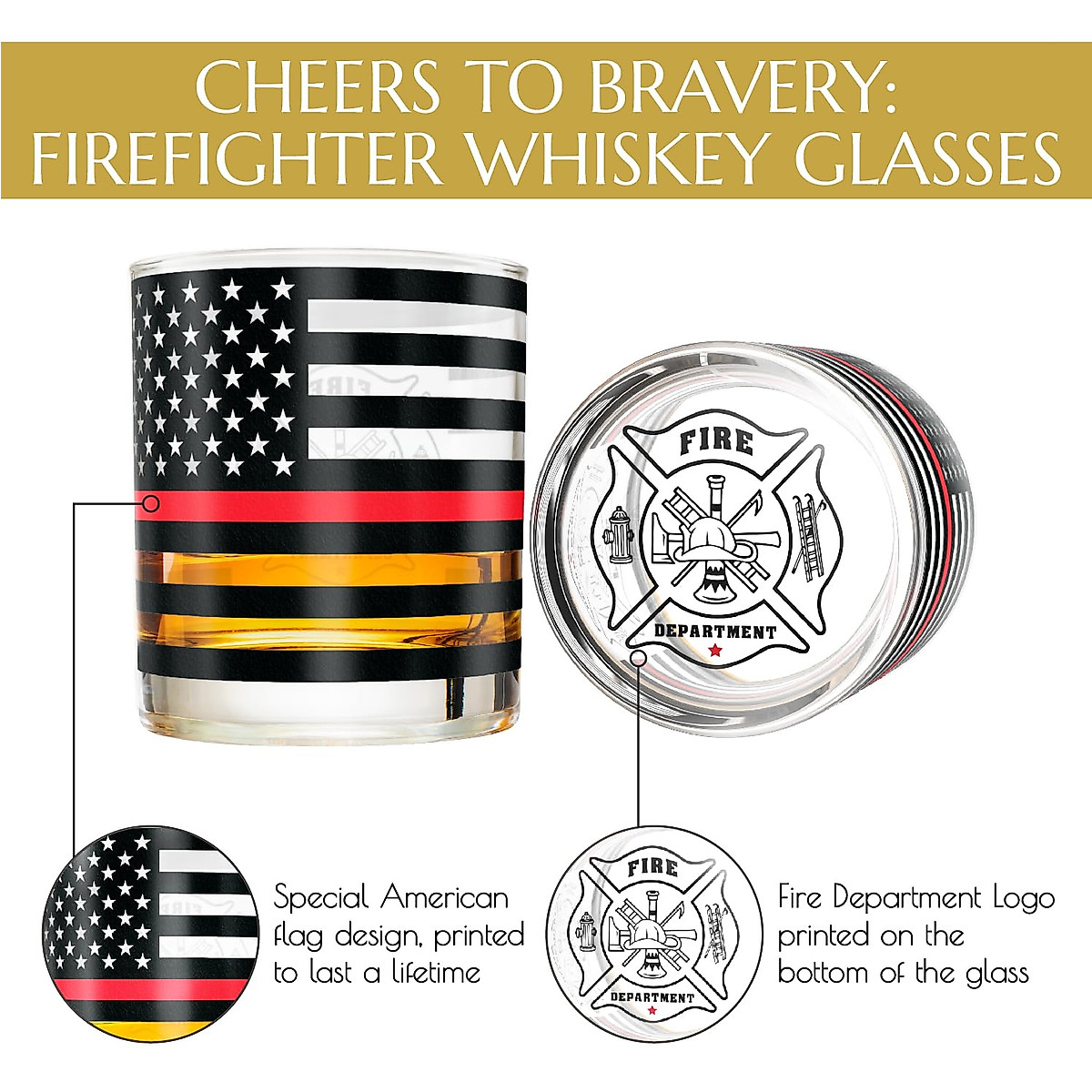 Greenline Goods Thin Red Line Firefighter Whiskey Old Fashioned Glasses (Set of 2) - 10 oz - Classic Glass Drinkware with Fire Fighter Flag Graphics -Shows Support for First Responders