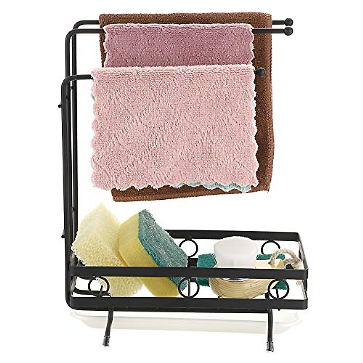 JUXYES Kitchen Sink Caddy Sponge Holder with Dishcloth Drying Rack, Kitchen Rag Stand Sponge Brush Soap Dish Dishcloth Rack Sink Storage Organizer for Kitchen Countertop (Black)