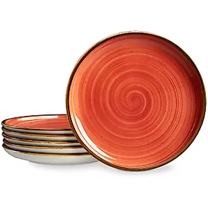 ONEMORE Dinner Plate, 10.5 Inch Porcelain Dinnerware Set/Oven, Dishwasher and Microwave Safe/Farmhouse Style/Stackable and Easy to Clean (Set of 6, Red)