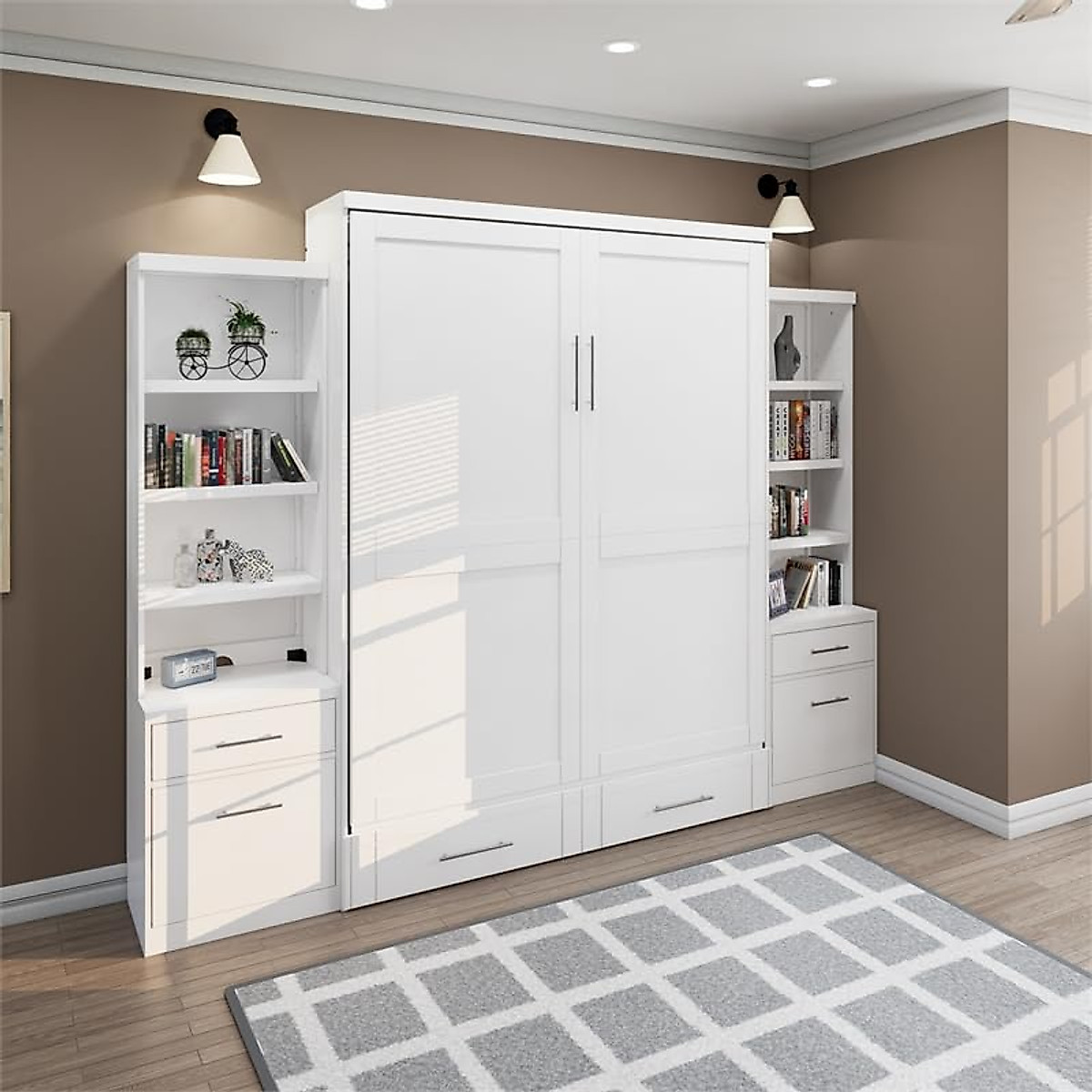 RoomAndLoft Queen Size White Murphy Wall Bed in Solid Wood, with Storage and Shelves, No Box Spring Needed, Easy Assembly, Up to weight capacity