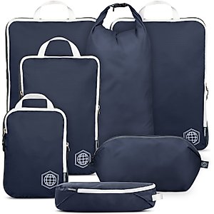 Extra Large Compression Packing Cubes for Travel Packaging Cube Luggage Organizers 7 Piece Set-Ultralight, Expandable/Compression Bags for Clothes (Navy/White))