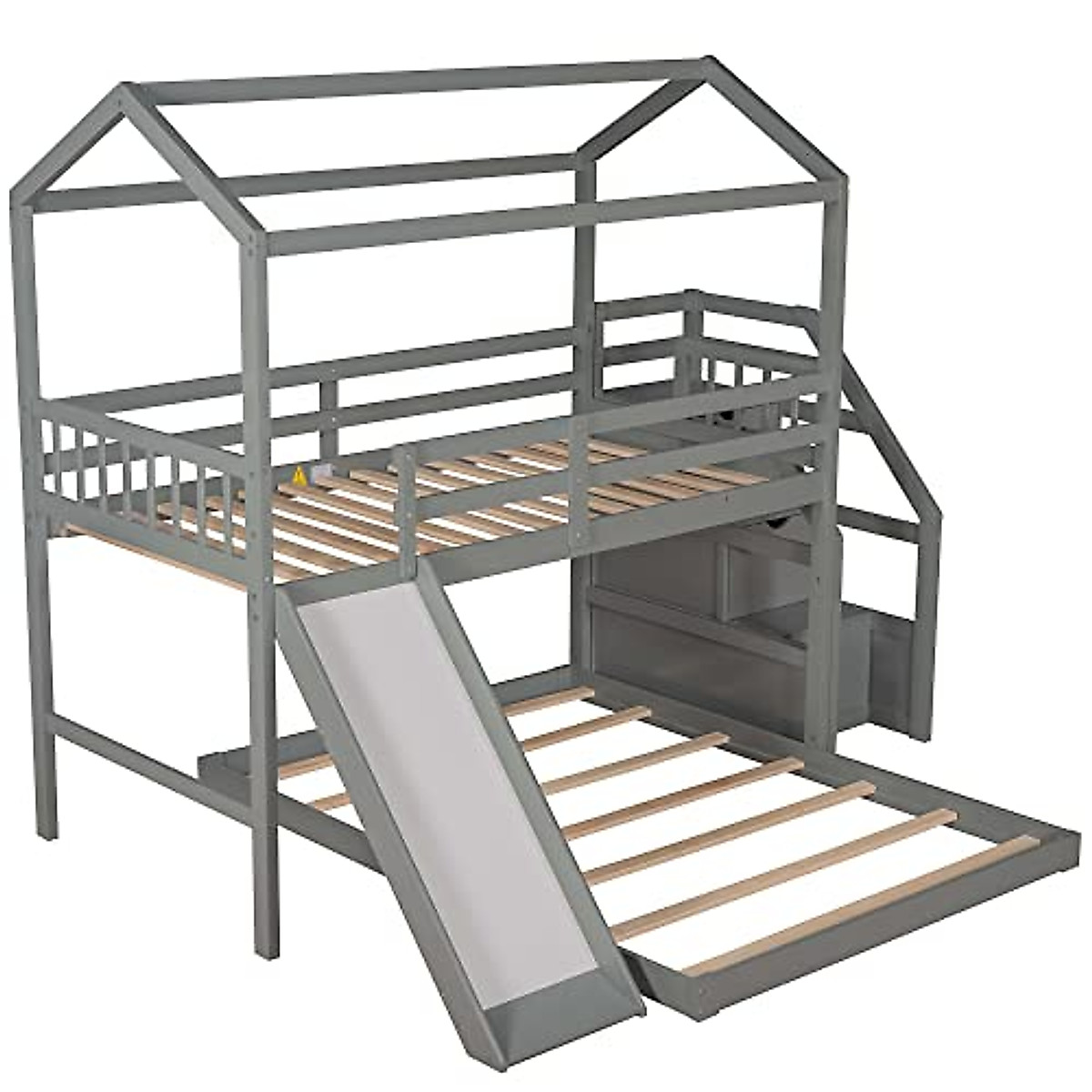 SOHUSPHOME Twin Over Full House Bunk Bed with Convertible Slide and Storage Staircase,Full-Length Guardrail, Solid Wood Platform Bed Frame, No Box Spring Needed for Kids Teens Bedroom, Grey