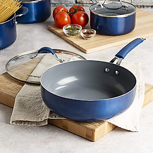 Cooking Light Nonstick Ceramic Deep Cooker, Dishwasher Safe, Scratch Resistant, Easy Food Release Interior, Cool Touch Handle and Even Heating Base, 4-Quart Jumbo Cooker, Blue