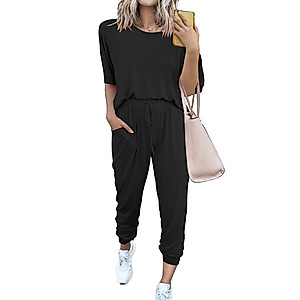 PRETTYGARDEN Women's Two Piece Outfit Short Sleeve Pullover with Drawstring Long Pants Tracksuit Jogger Set (A-black,Medium)