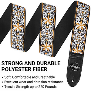 AMUMU Hootenanny Embroidery Guitar Strap Yellow Cotton for Acoustic, Electric and Bass Guitars with Strap Blocks & Headstock Strap Tie - 2" Wide