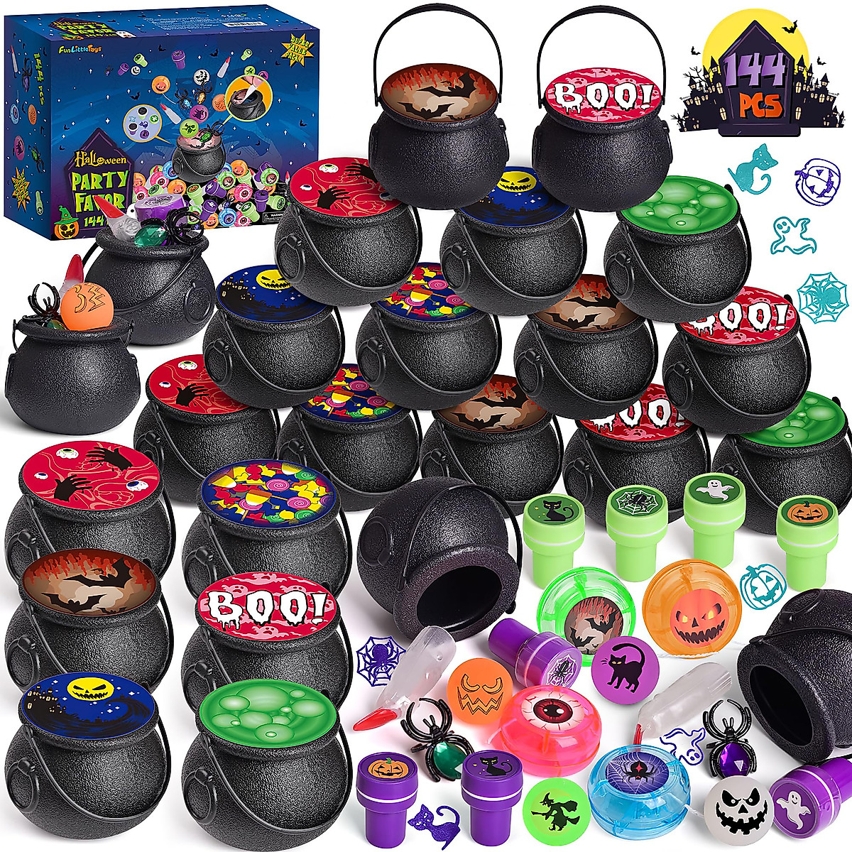 FUN LITTLE TOYS 24 Pack Prefilled Mini Plastic Witch Cauldron, Trick or Treat Toys in Bulk Small Halloween Buckets Pinata Prizes Gifts for Kids