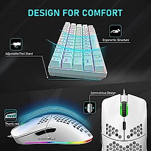 60% True Mechanical Gaming Keyboard Mouse Set, Type C Wired 61 Keys Layout Rainbow LED Backlit USB Waterproof Keyboard Anti-ghosting Keys+Lightweight RGB Mice 6400DPI for Computer/PC/Laptop/MAC(White)