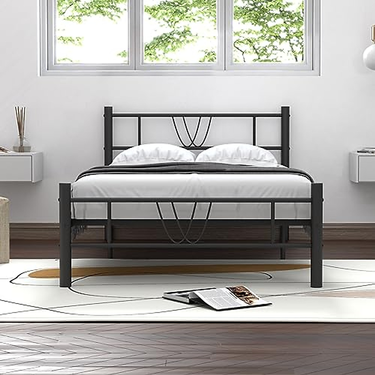 Fangflower Twin Size Bed Frame Platform Metal with Headboard/Underbed Storage/Steel Slats, Heavy-Duty Mattress Foundation for Bedroom, No Box Spring Needed, Black