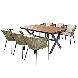 7 Piece Outdoor Patio Dining Set, All-Weather Outdoor Furniture Set with Dining Table and Chairs, Acacia Wood Table Top, Metal Frame, 6 Chairs with Cushions for Outdoor Garden Backyard Balcony, Green